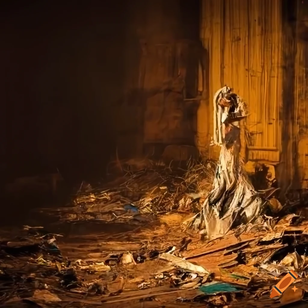 Person caught in junk garbage web in a dramatic destroyed landscape on ...