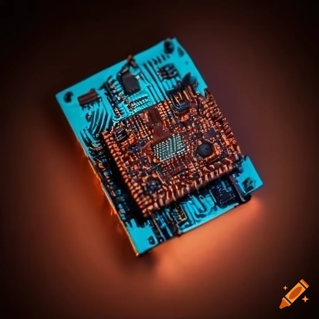 Intricate handcrafted microcontroller with rust details in colorful art ...