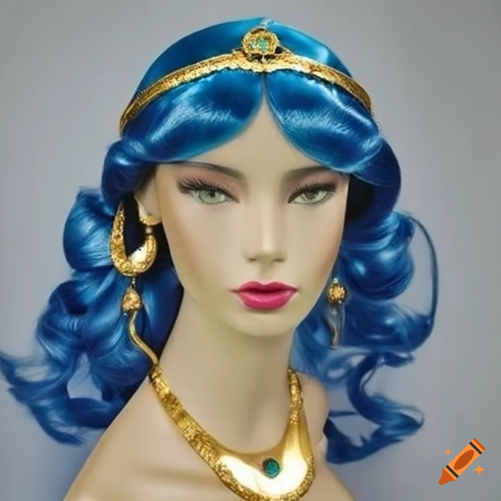 Blue princess jasmine wig on a mannequin on Craiyon