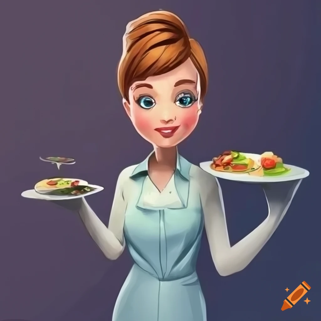 Illustration of a young waitress serving food on Craiyon
