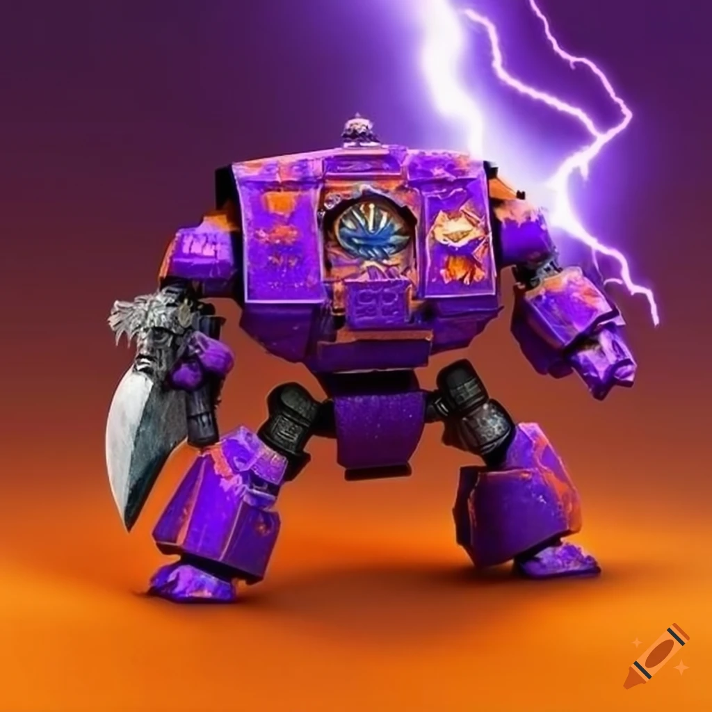 Purple and orange dreadnought with lightning axe on Craiyon