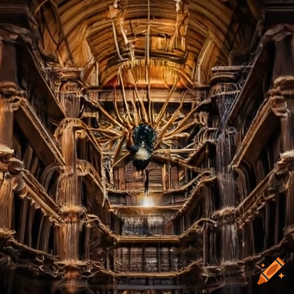 Giant spider hanging in a library on Craiyon