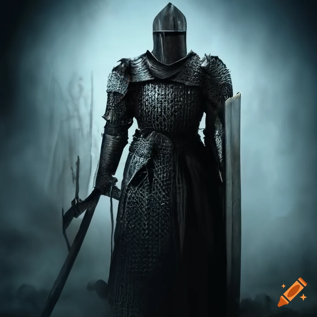 High resolution image of a tattered and worn black knight in armor with ...