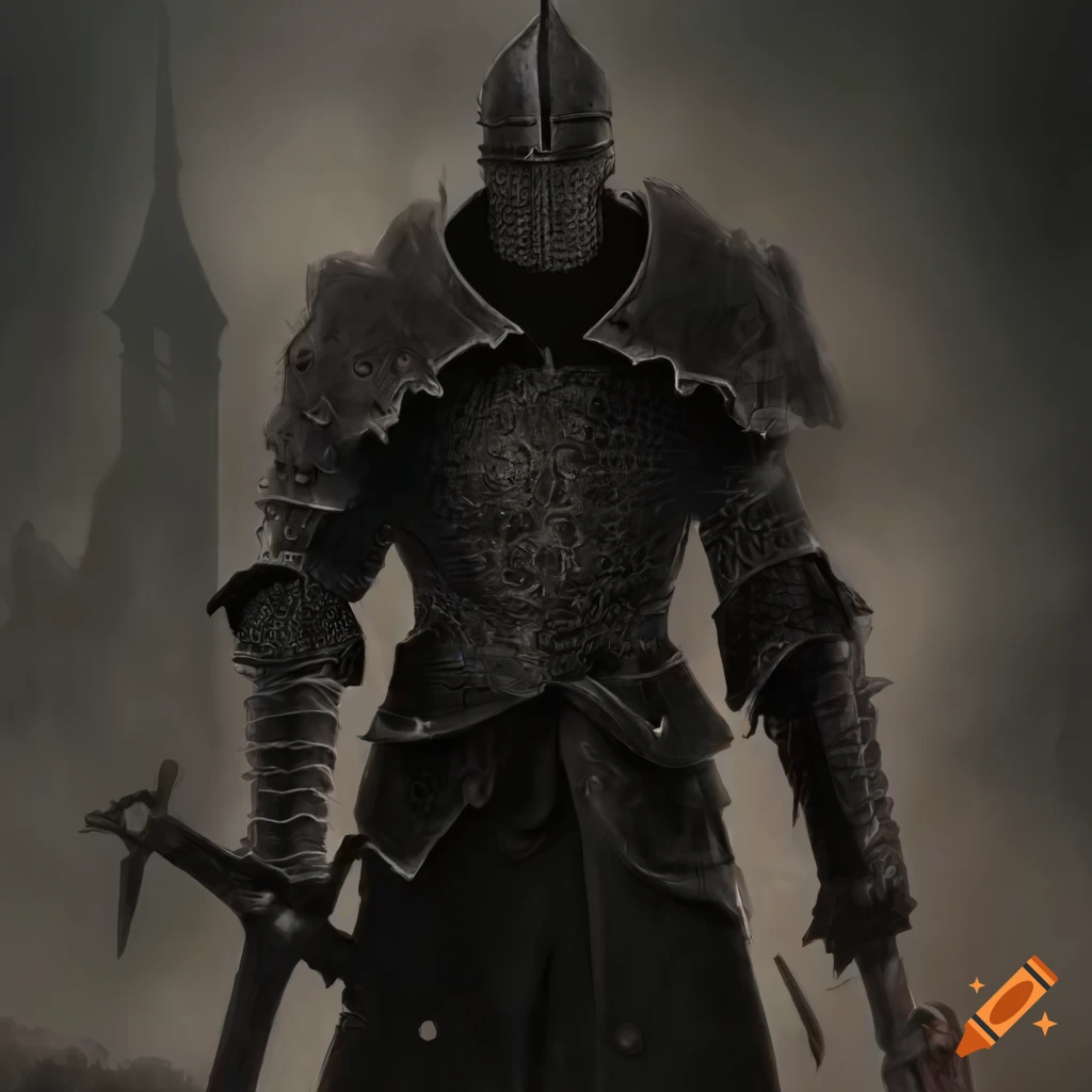Tattered black knight in armor with sword and shield in misty ...