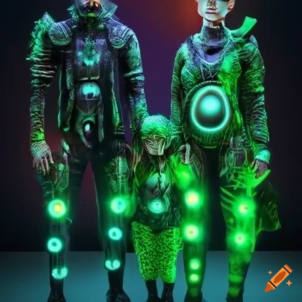 Digital illustration of a biopunk family in a futuristic biopunk ...