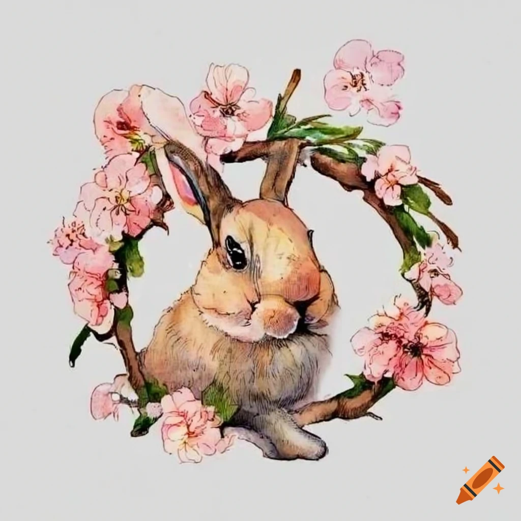 Easter bunny in apricot blossom wreath in line drawing style on Craiyon