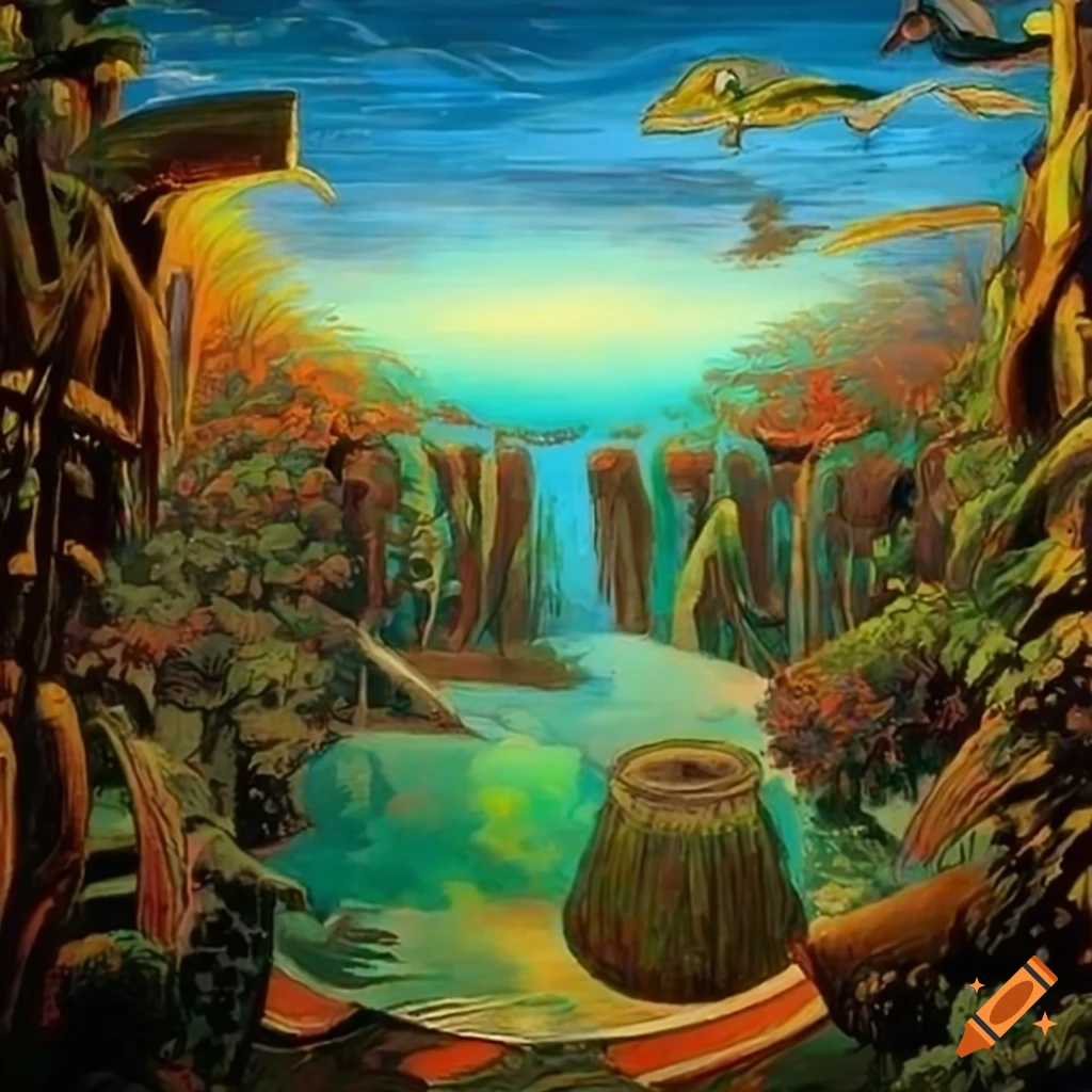 Wide panorama of oil well derrick in the garden of eden with exotic ...