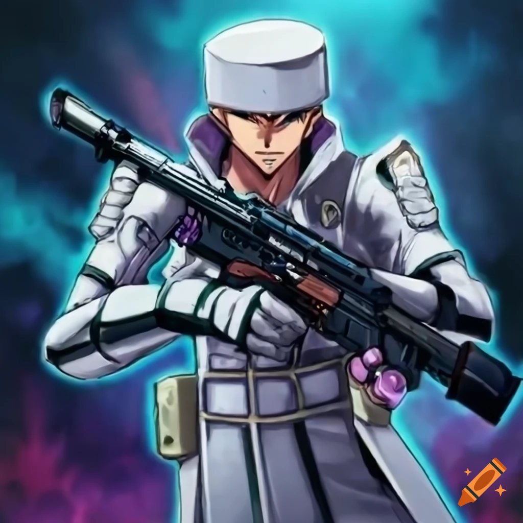 Soldier in white with long range sniper rifle in yugioh card art style ...