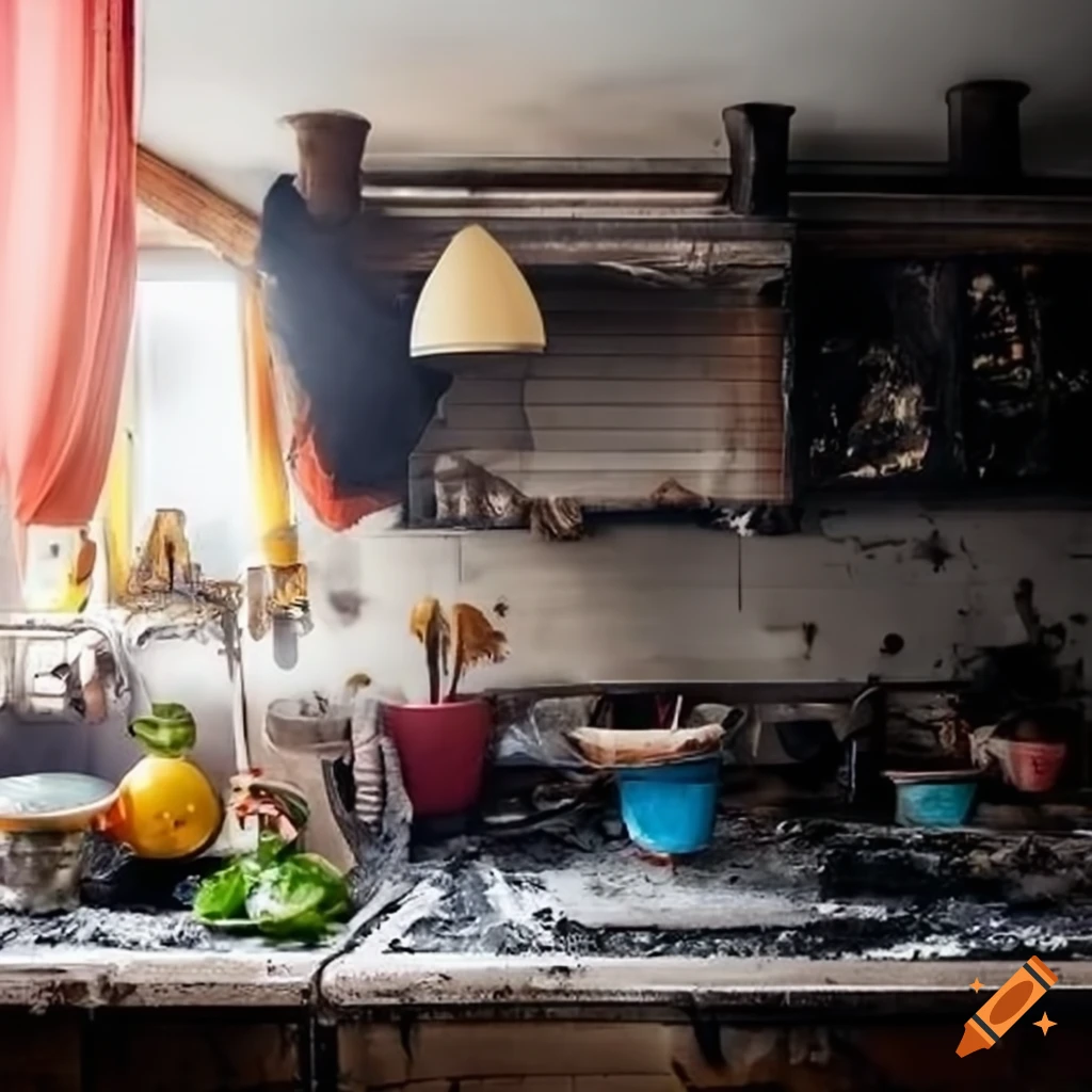 Burned out kitchen with a sunny sky and rainbows on Craiyon