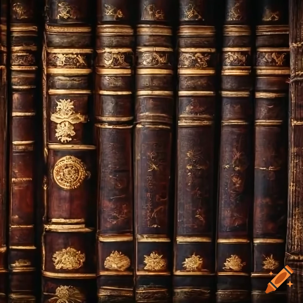 Row of vintage intricately decorated dark-colored books on Craiyon