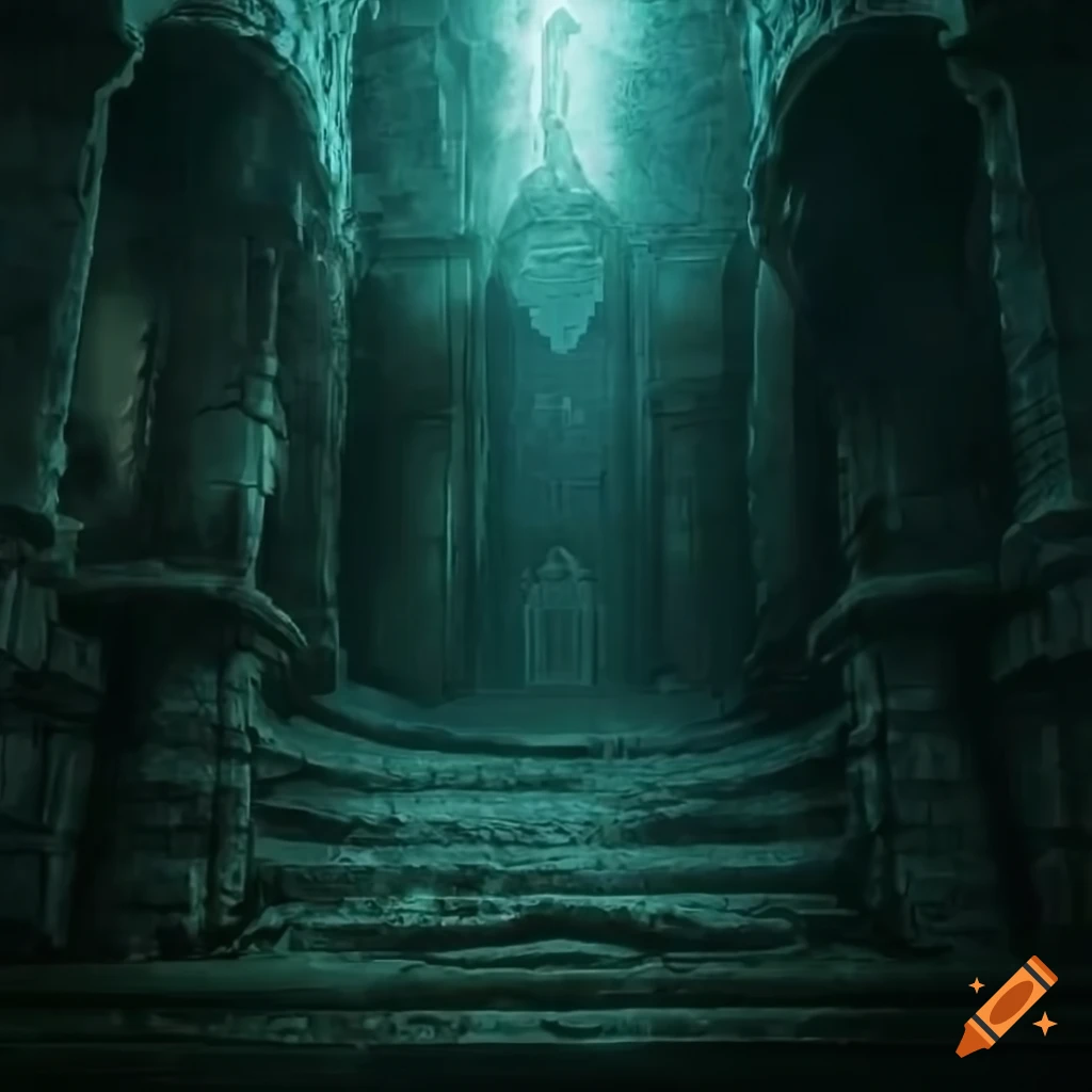 Long corridor of a dark dungeon with a gigantic statue at the end on ...