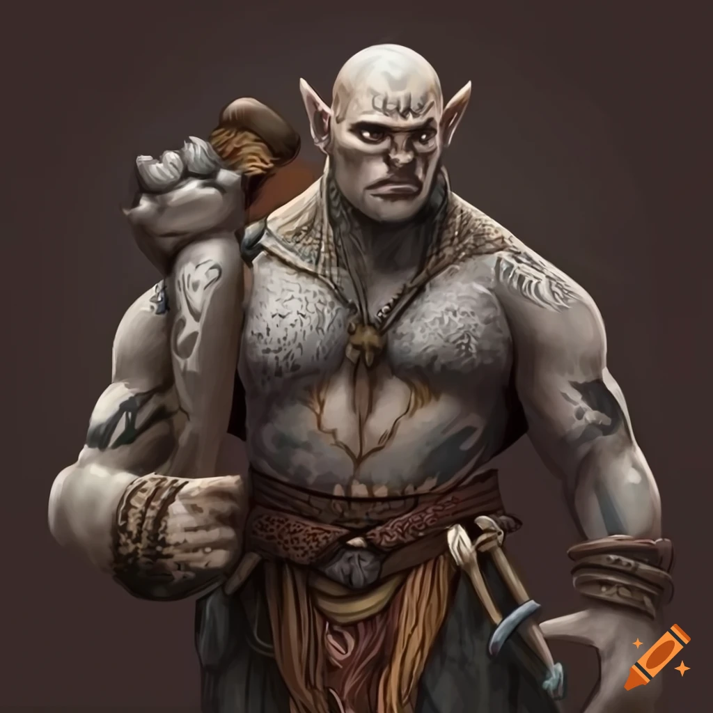 Young bald male goliath barbarian with basalt grey skin and indigo ...