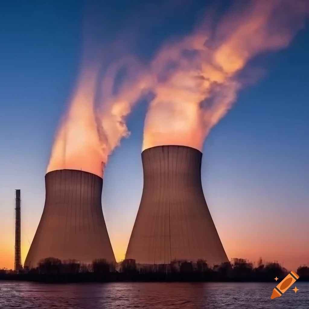 French nuclear power plant with 4 cooling towers at sunrise on Craiyon