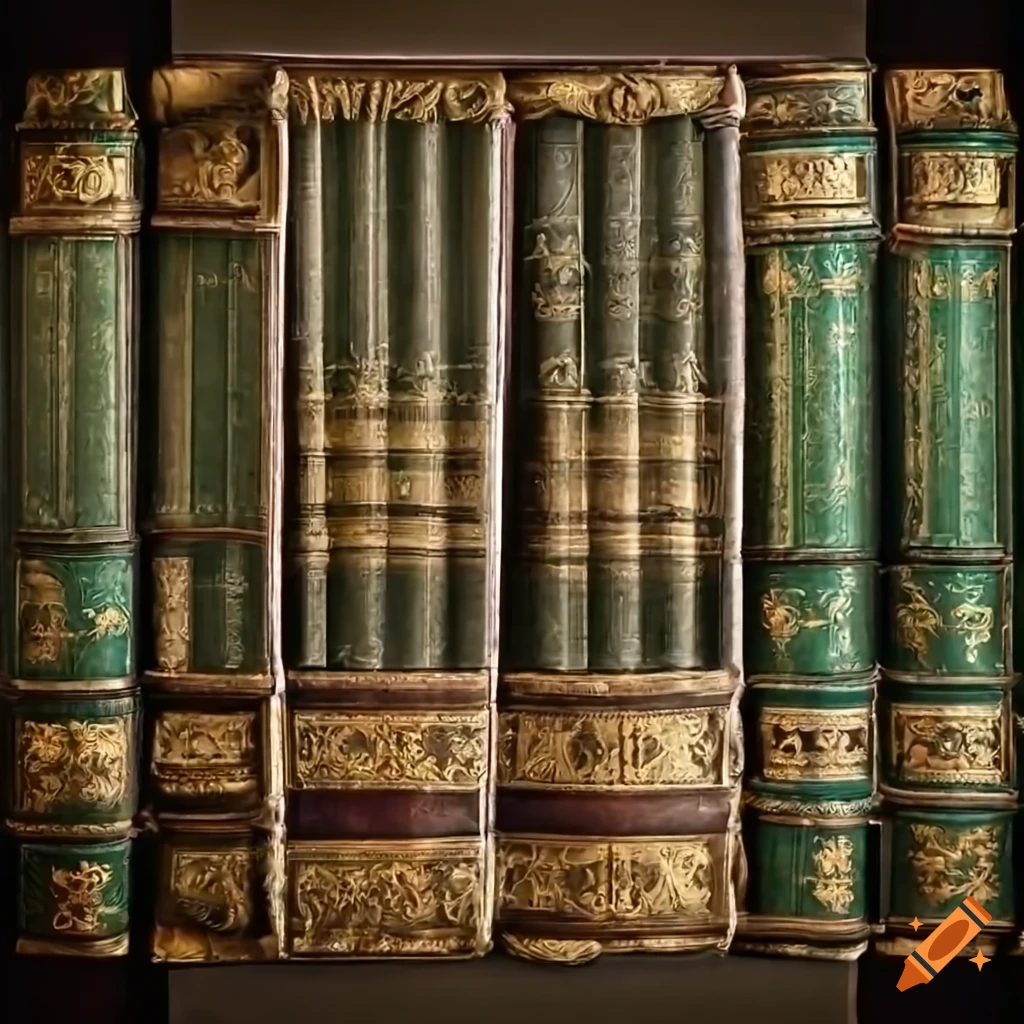Row of intricately decorated vintage green books with full spines on ...