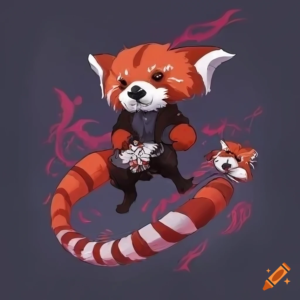Fantastical red panda character with tattoos in various art styles on ...