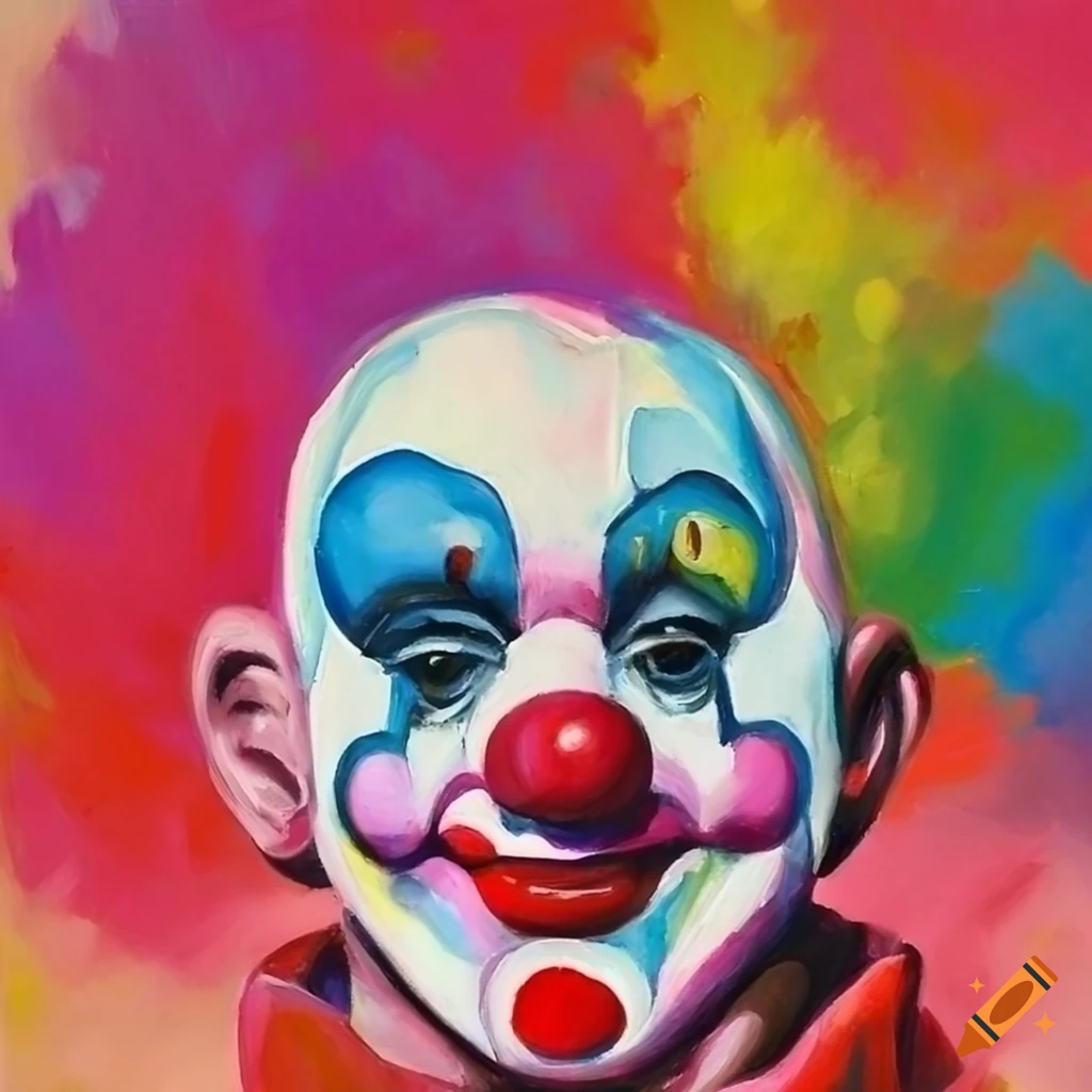 Pink clown holding fingers on nose in an oil painting on Craiyon