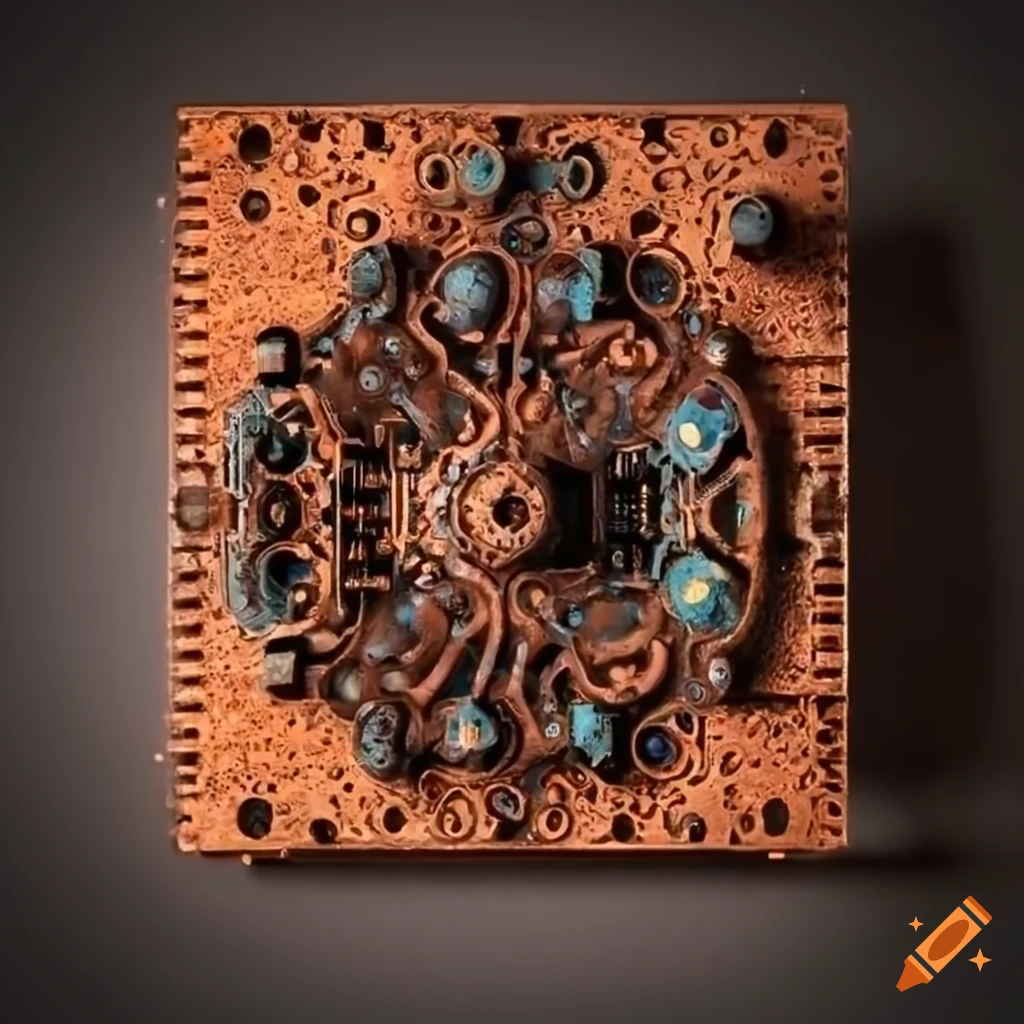 Intricate handcrafted microcontroller with rust details in colorful art ...
