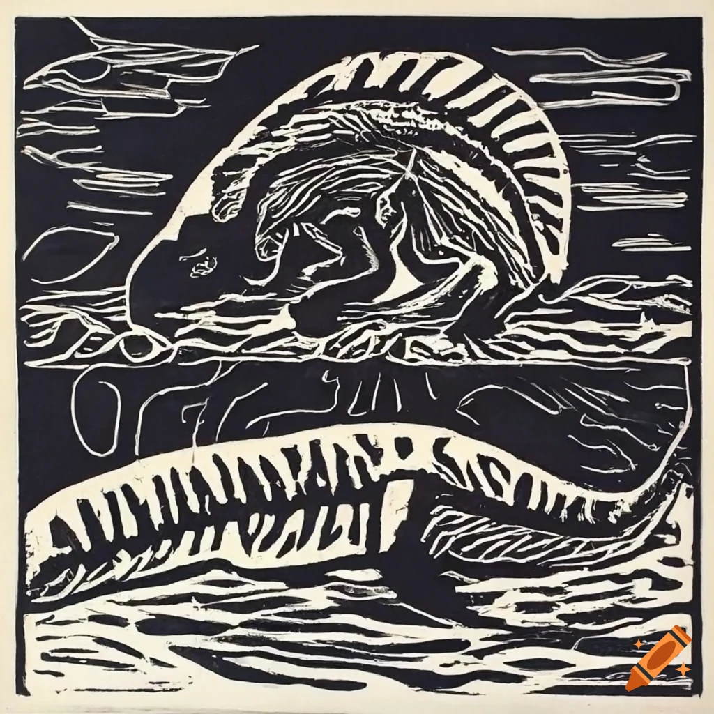 High contrast linocut of the loch ness monster on Craiyon