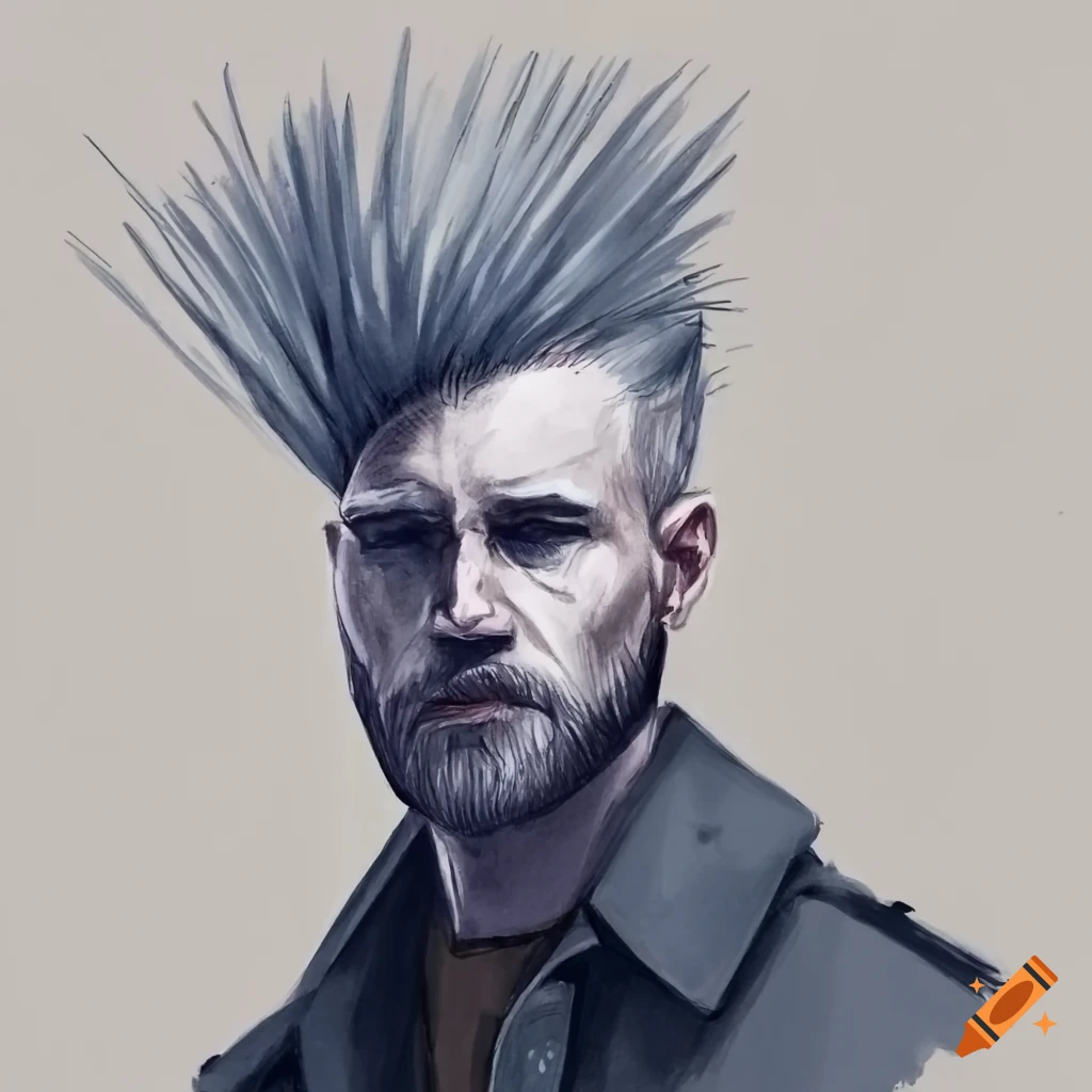 Drawing of a man with mohawk, stubble beard and trench coat on Craiyon