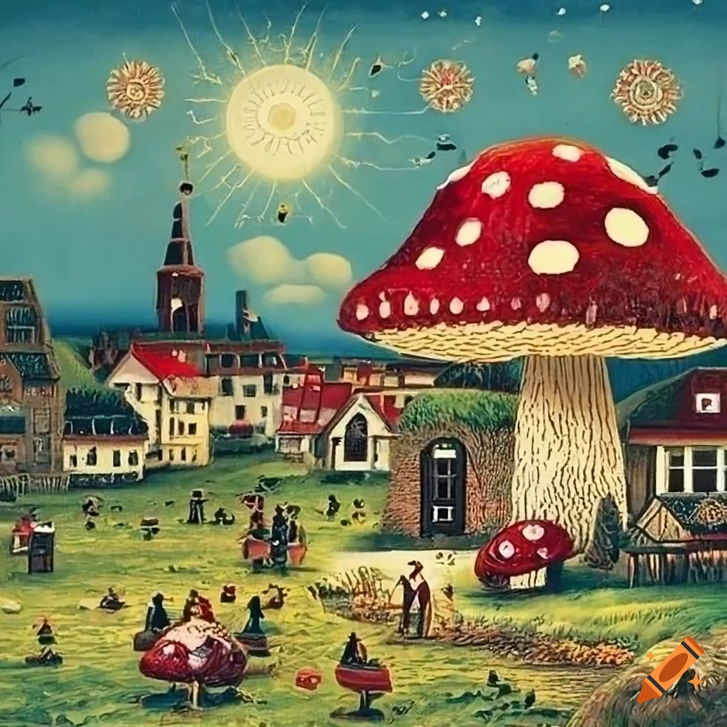 Charles wysocki toadstool village artwork on Craiyon