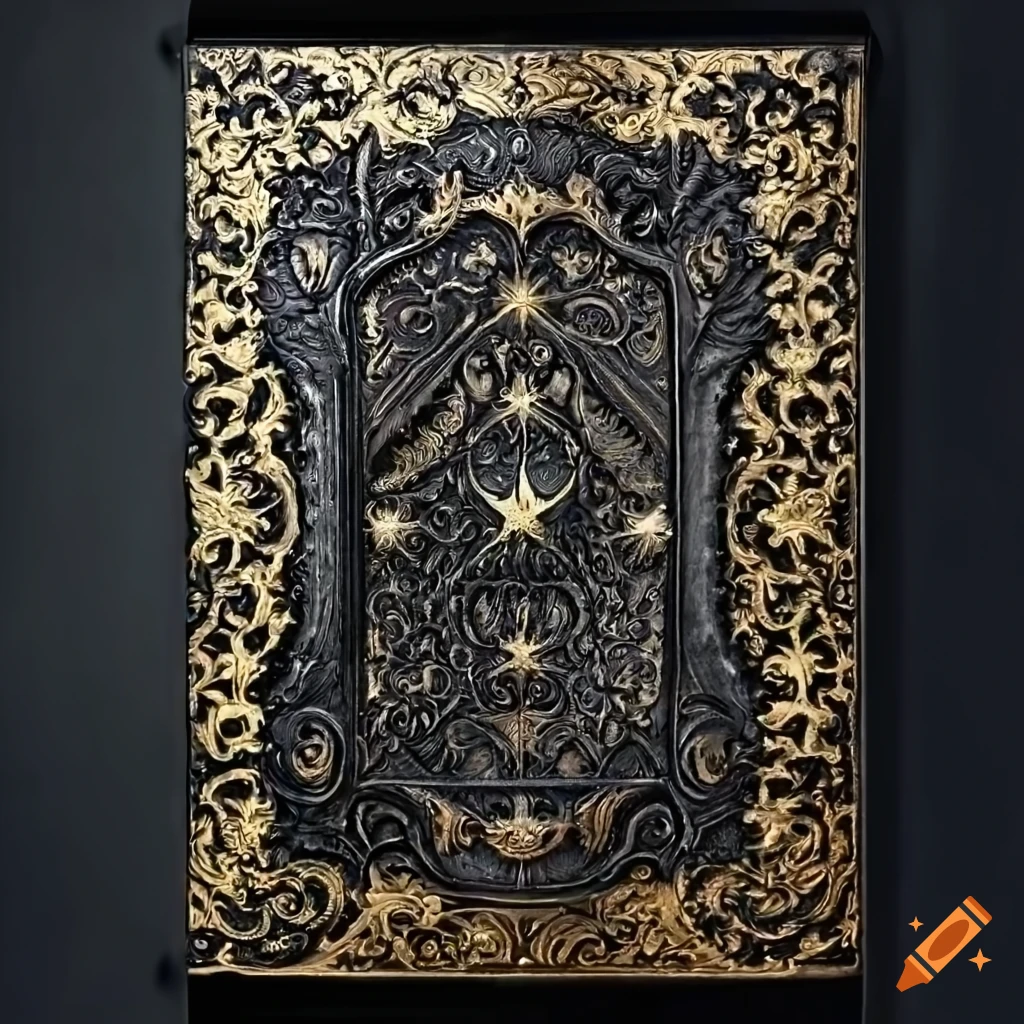Intricately embossed black leather book with celestial motifs on Craiyon