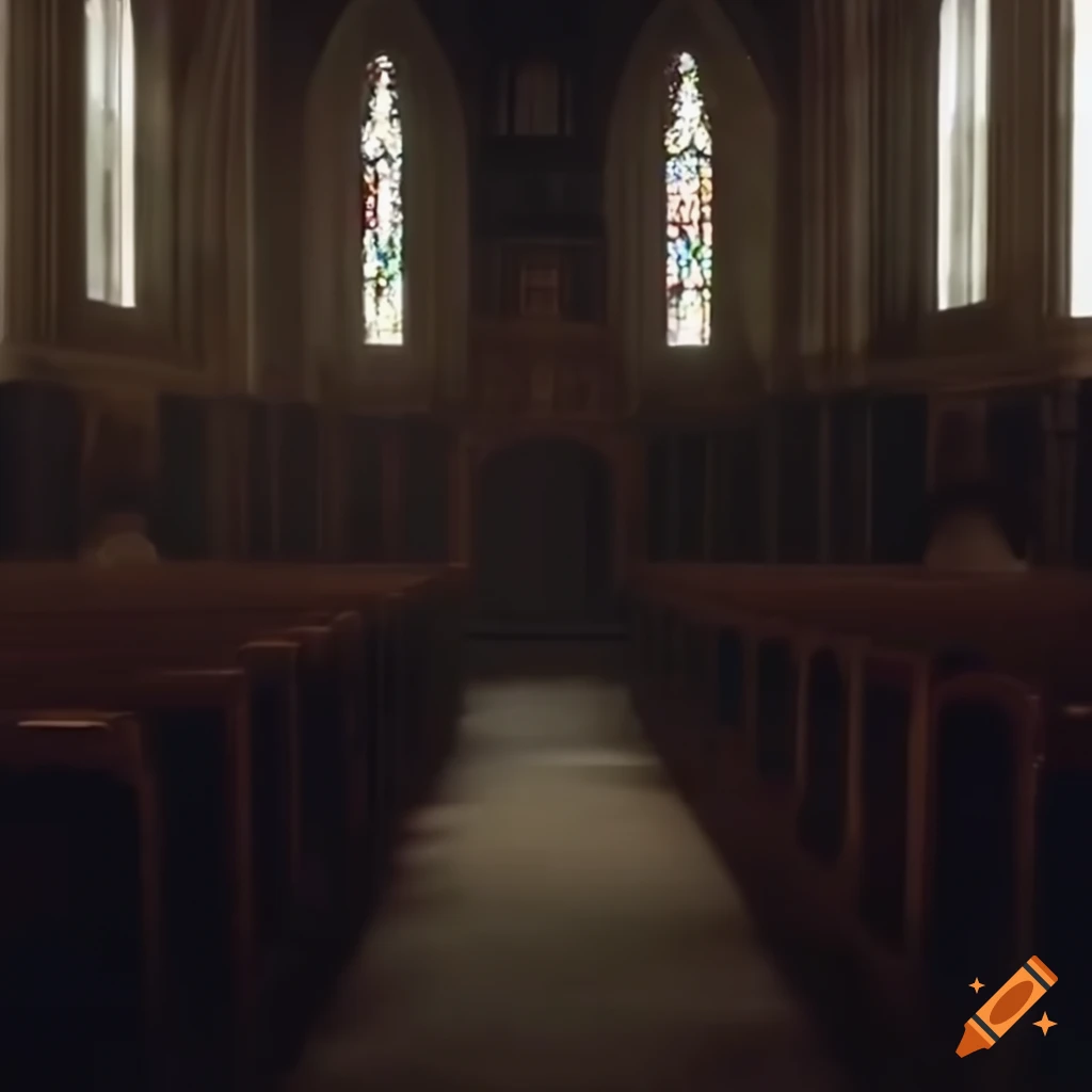 Human figures sitting in church pews surrounded by glowing mist and ...