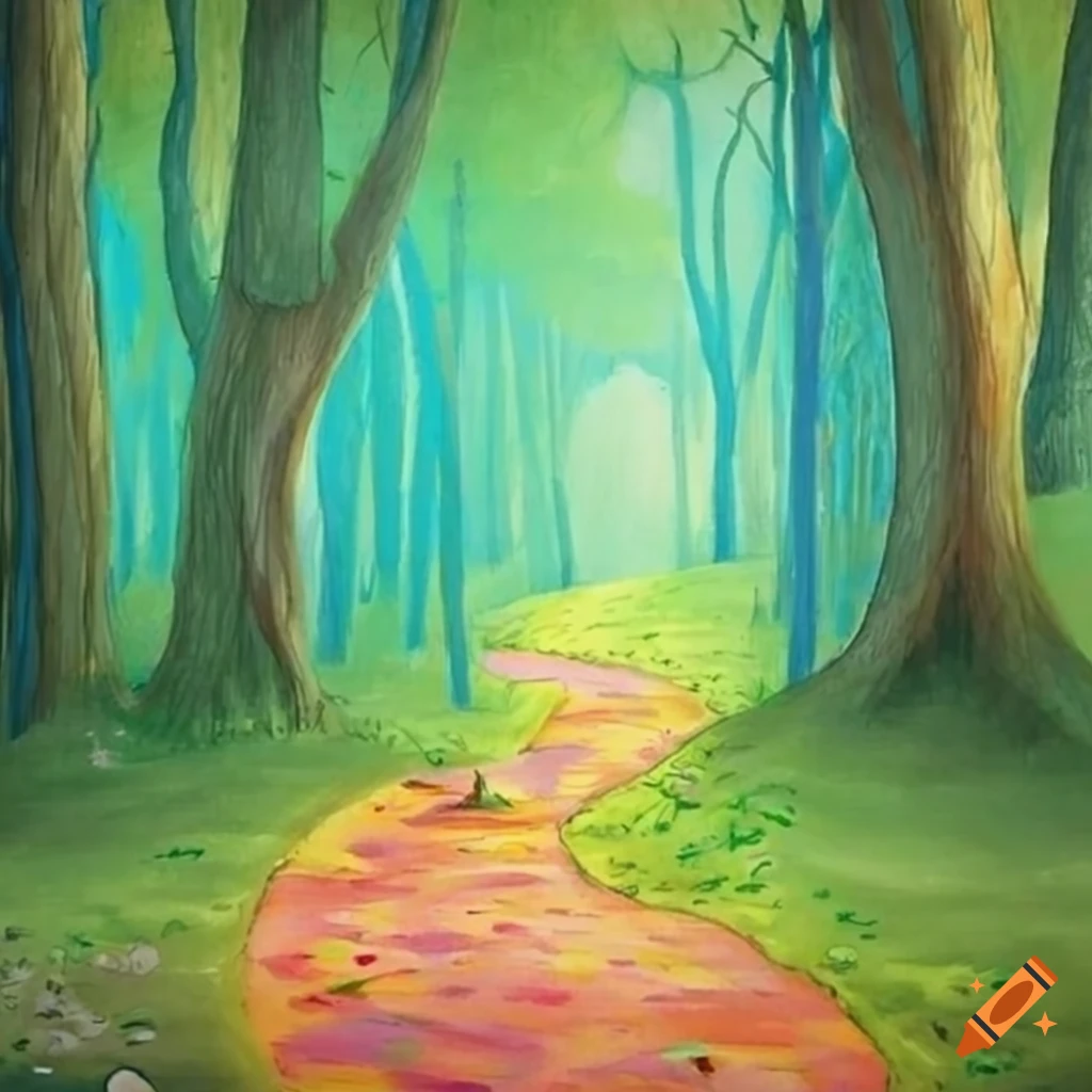 Path through a storybook forest in colored pencil style on Craiyon