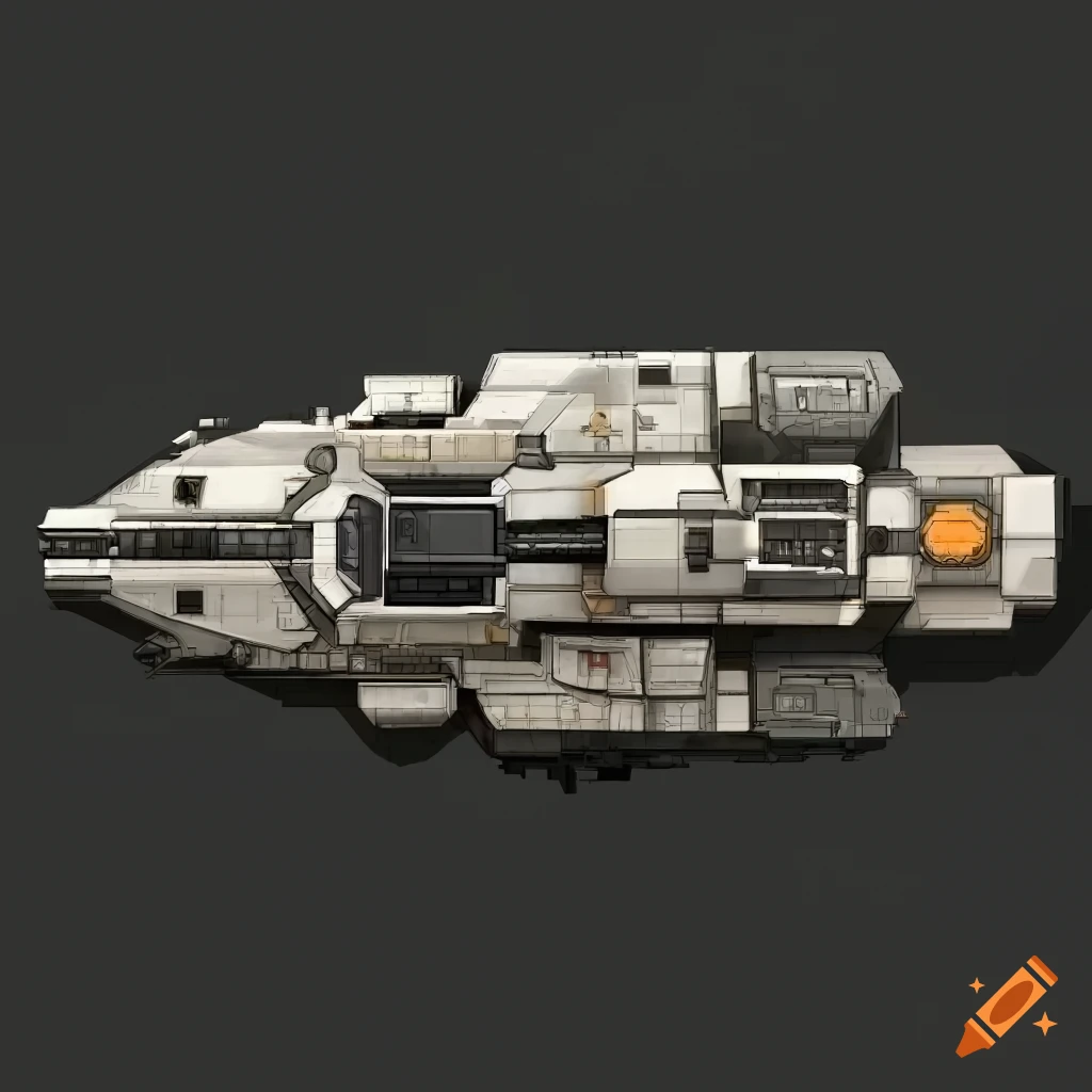 Top-down view of a 2D spaceship in a dark, sci-fi themed 3D render on ...