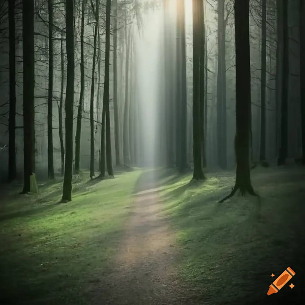 Endless straight path in a shadowy forest leading to a bright door of ...