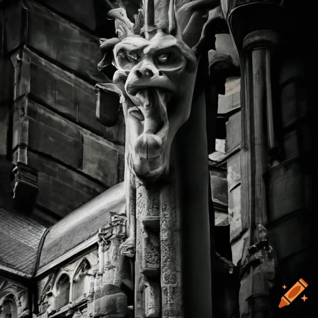 Pit with long gothic gargoyles hanging over it on Craiyon