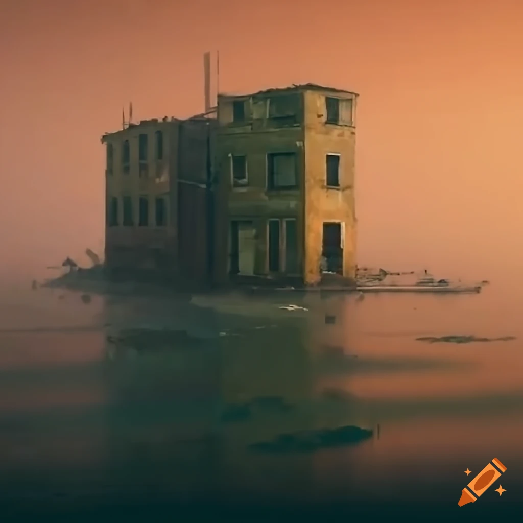 Abandoned buildings sinking into ocean in orange fog on Craiyon