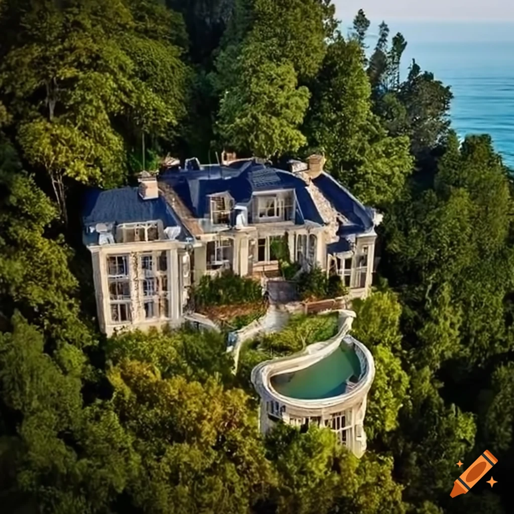 Mansion on a cliff overlooking the ocean surrounded by trees on Craiyon