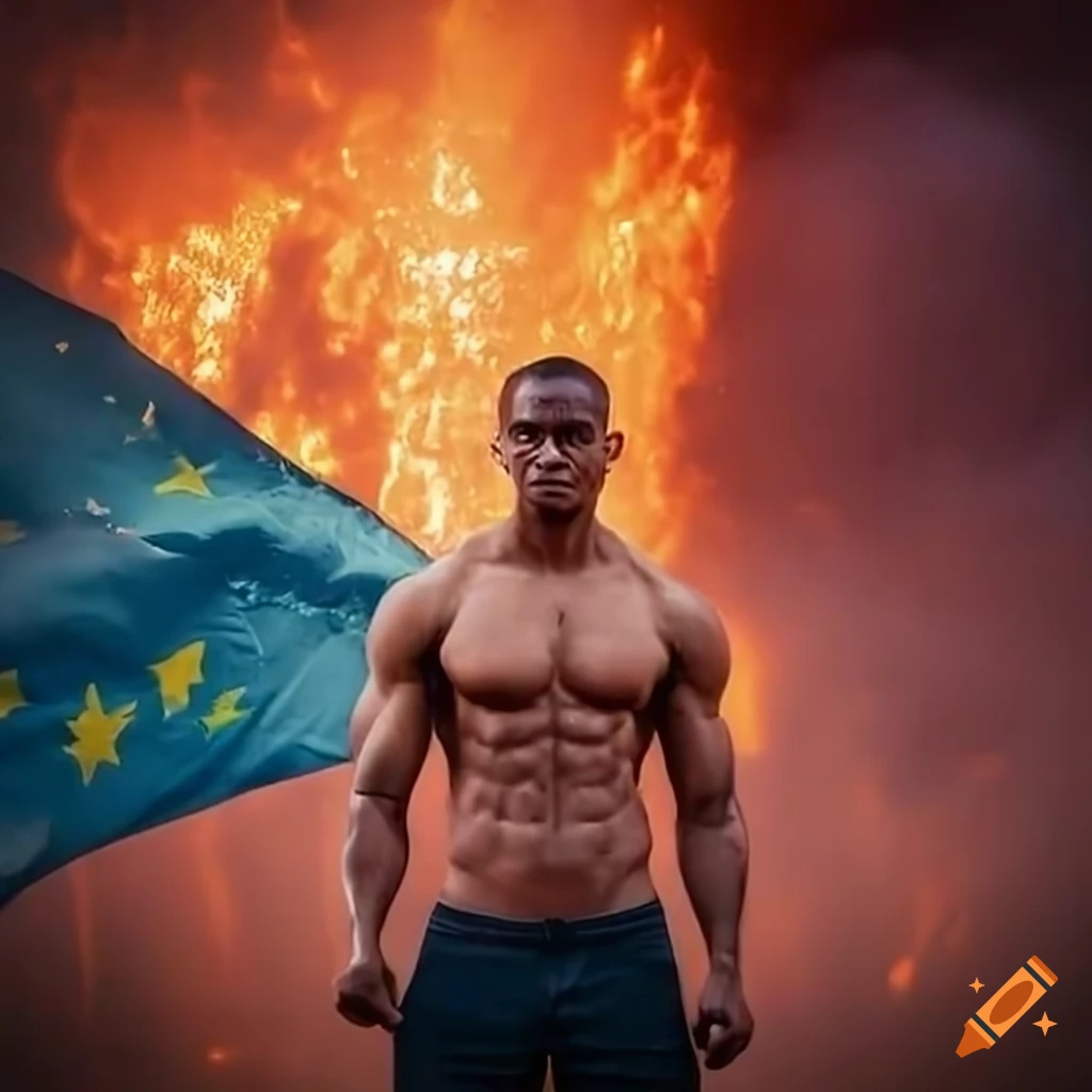 Proud pacific man with tuvalu flag in front of erupting volcano on Craiyon