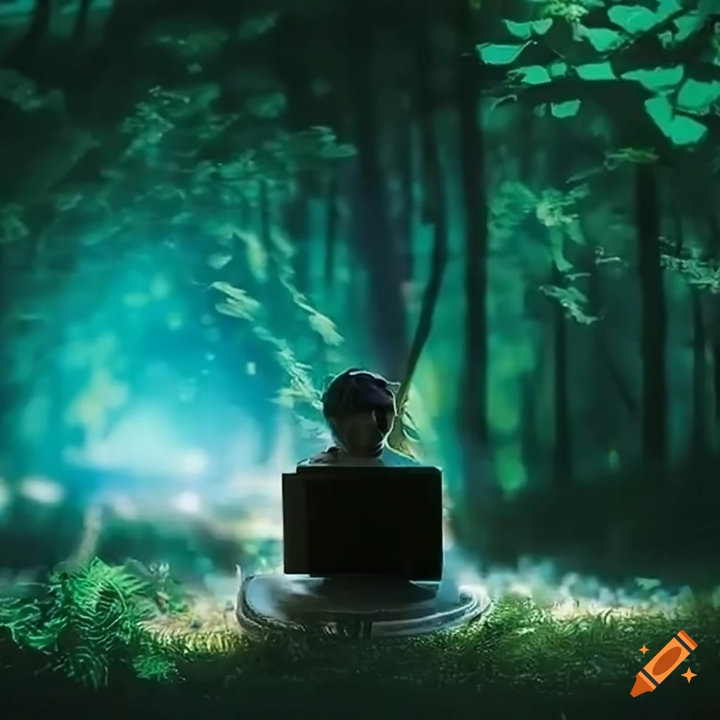 Focused anime programmer in a peaceful forest landscape on Craiyon