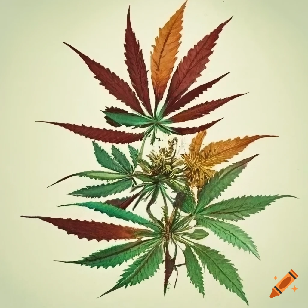 Botanic print of vintage pressed marijuana leaves in colorful hues on ...