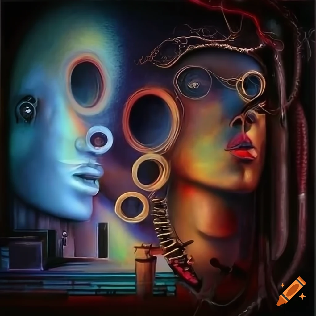 Surreal painting with computer error messages and music theory symbols ...