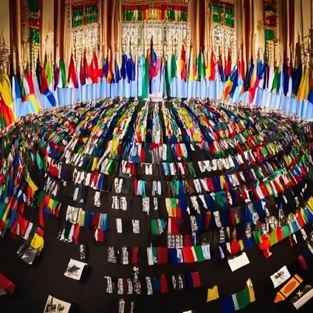 Global leaders at a peace summit with colorful flags on Craiyon
