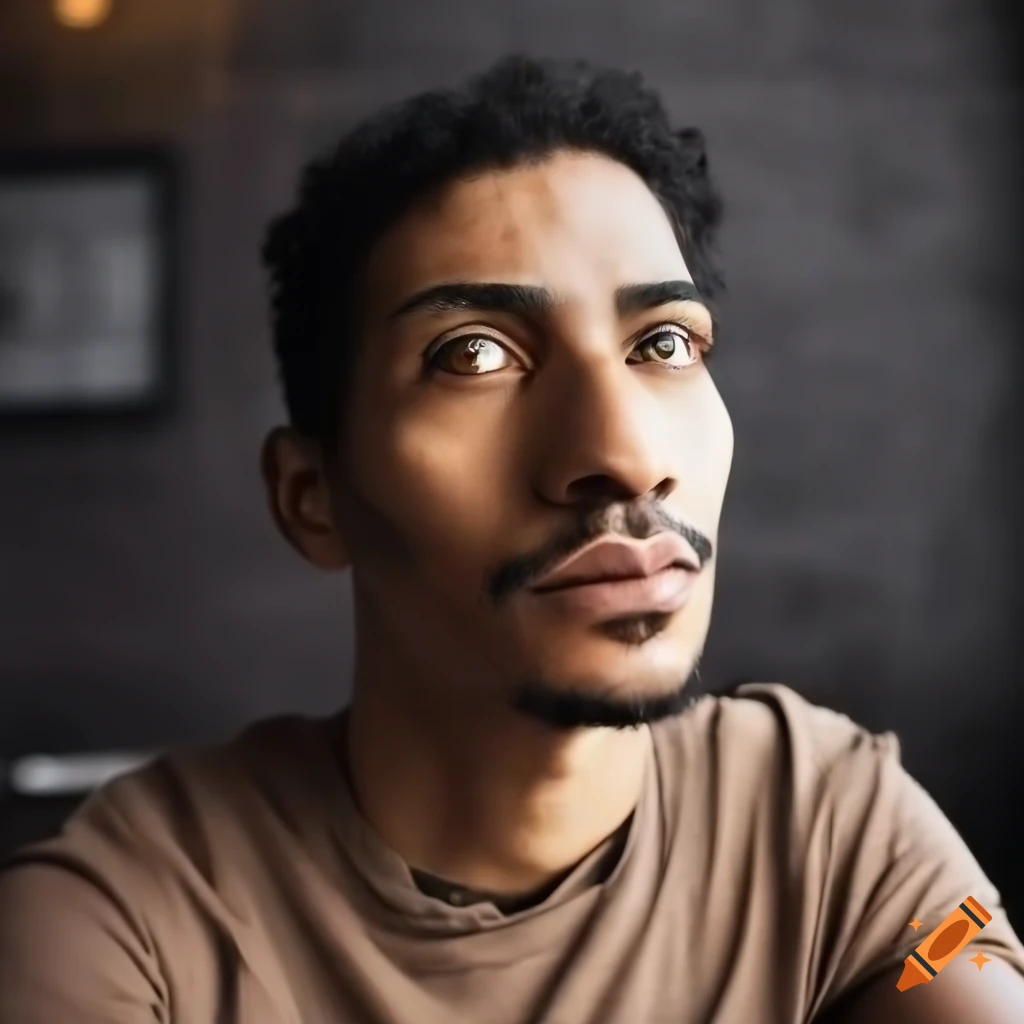 Portrait of a man with wavy black hair and arabic features sitting in a ...