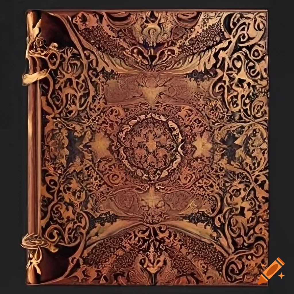 Intricately embossed deep dark orange leather book with celestial ...