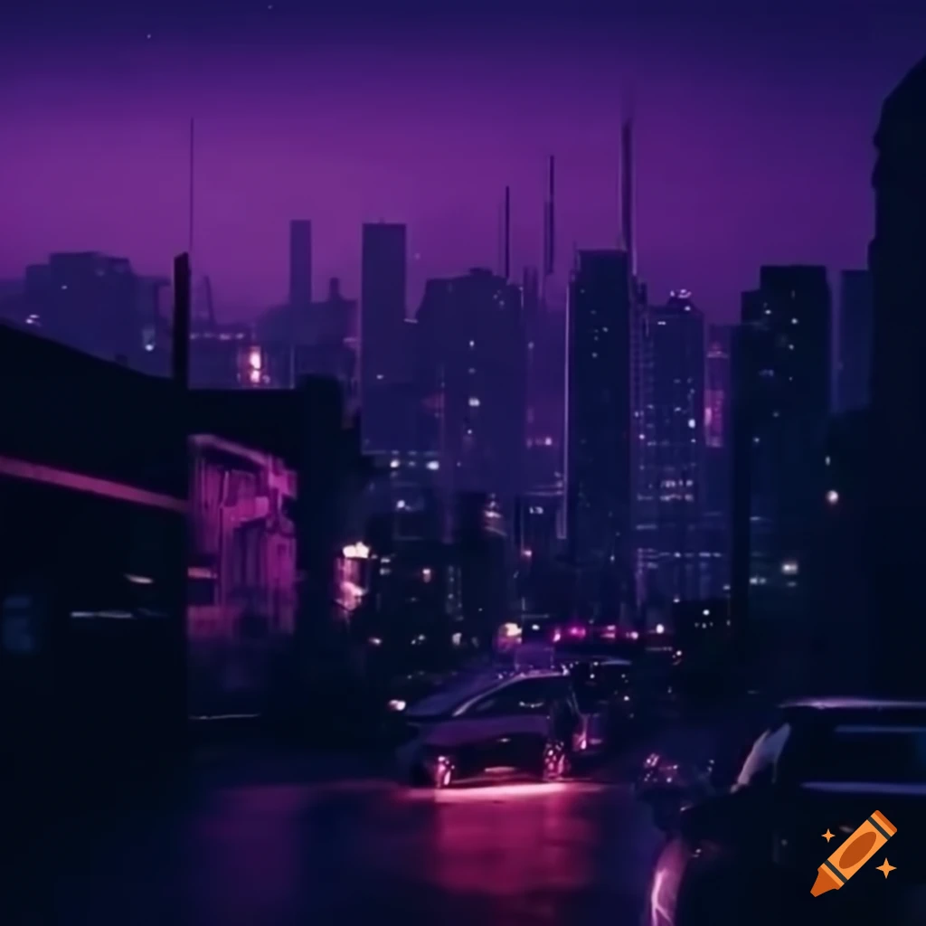 Fast nighttime city drive with a dark purple aesthetic on Craiyon