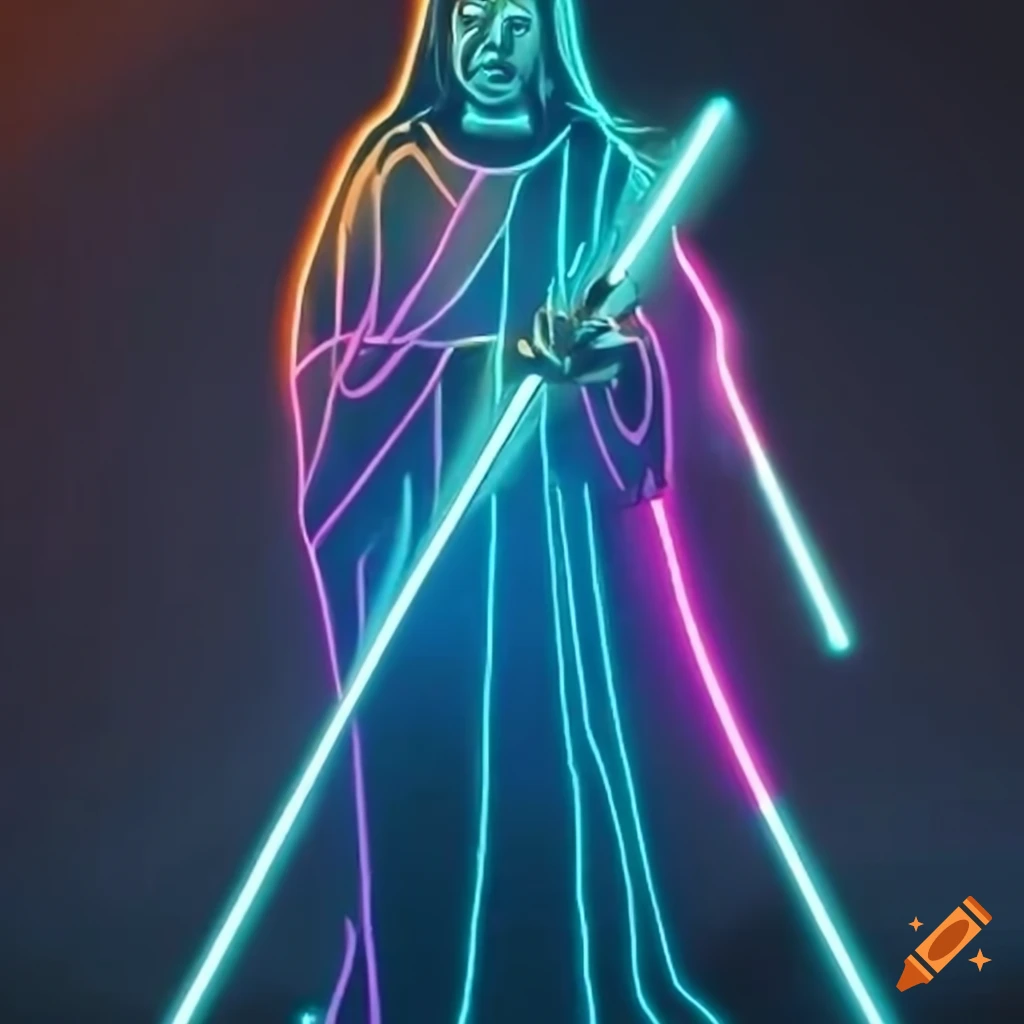 Neon jesus wielding a lightsaber on Craiyon