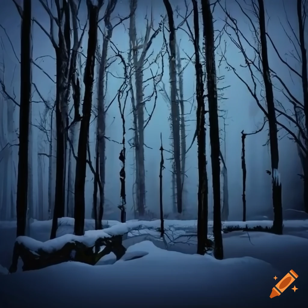 Snowy forest at night with dead trees on Craiyon