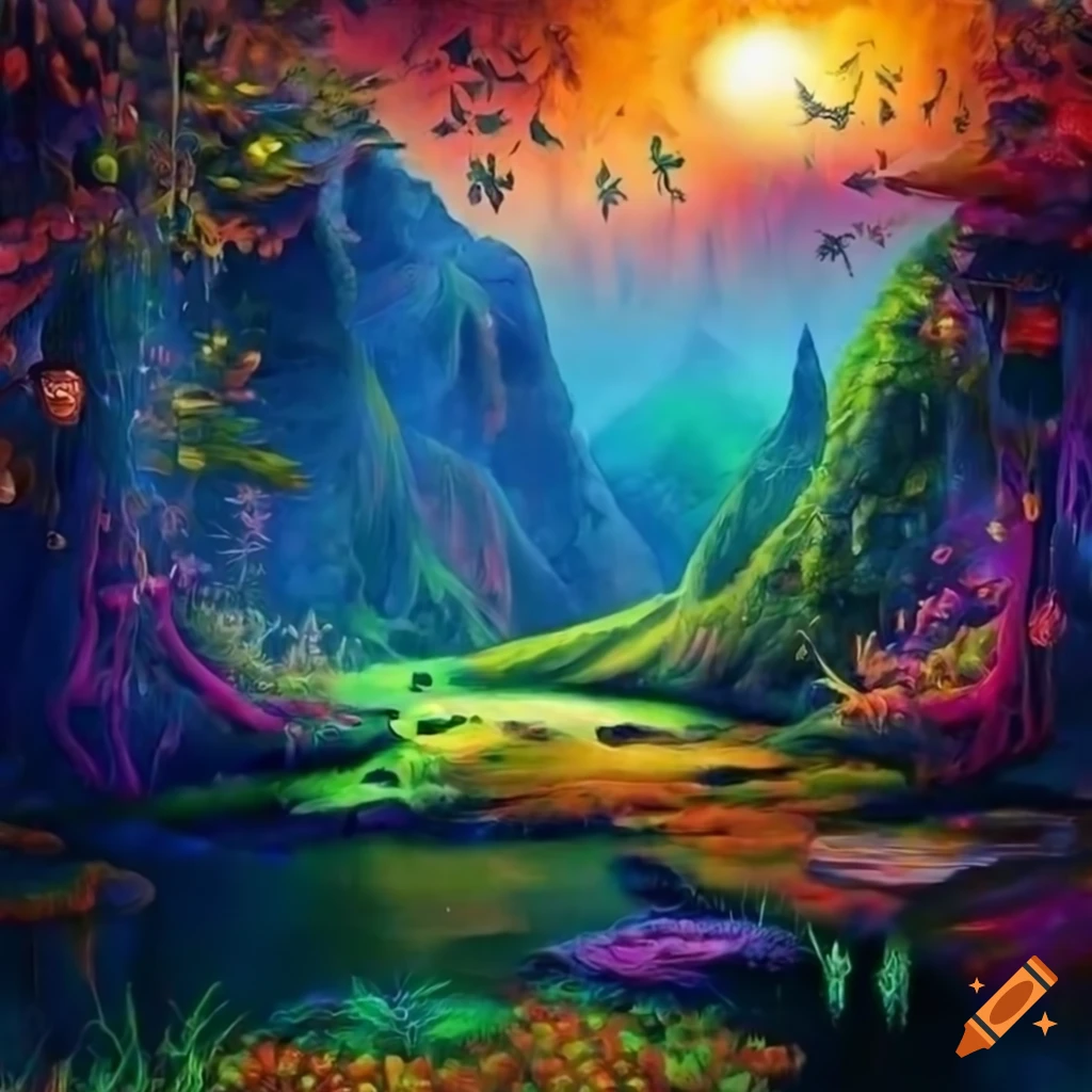 Enchanted world with mountains, forests, and magical beings on Craiyon