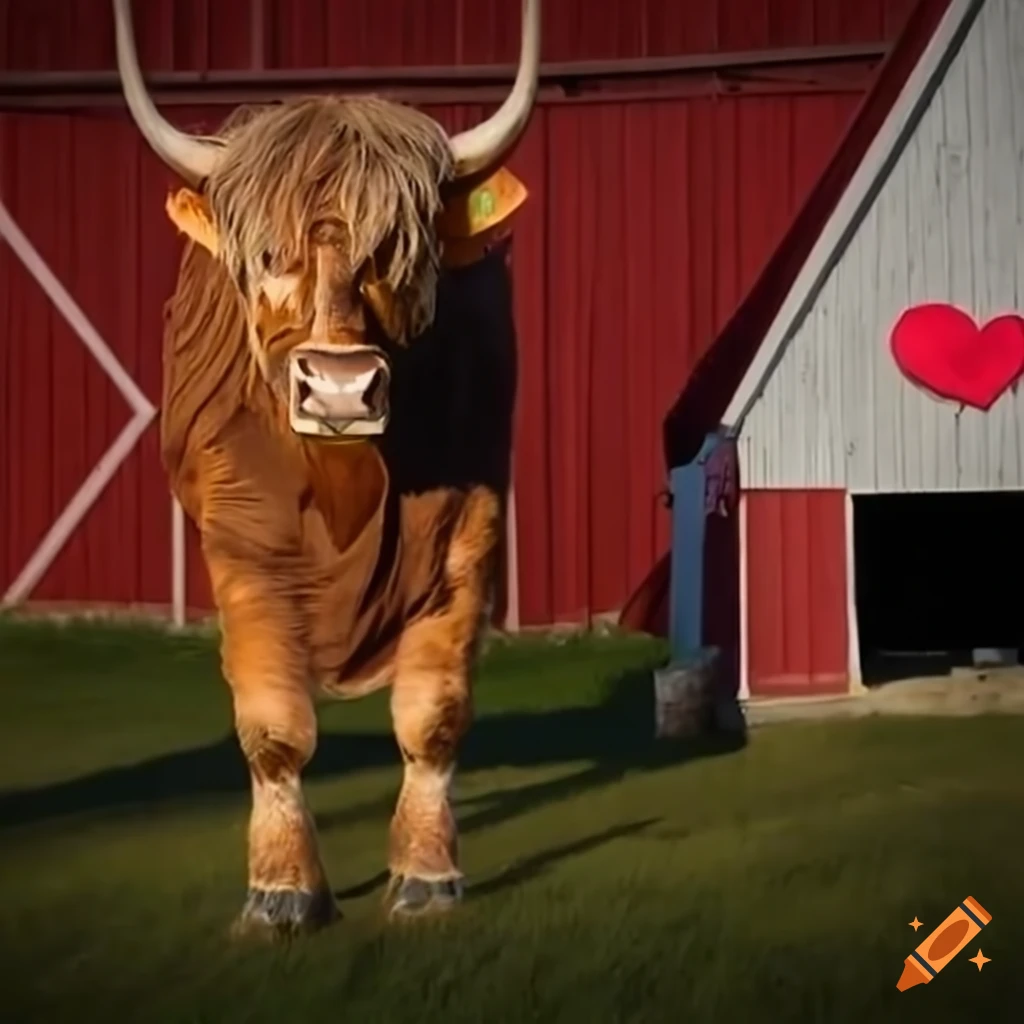 Highlander cow delivering Valentines at a mailbox in front of a red ...