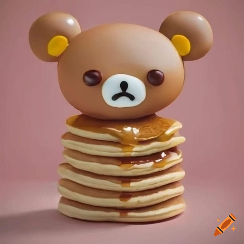 Stack of pancakes shaped like rilakkuma with syrup on Craiyon