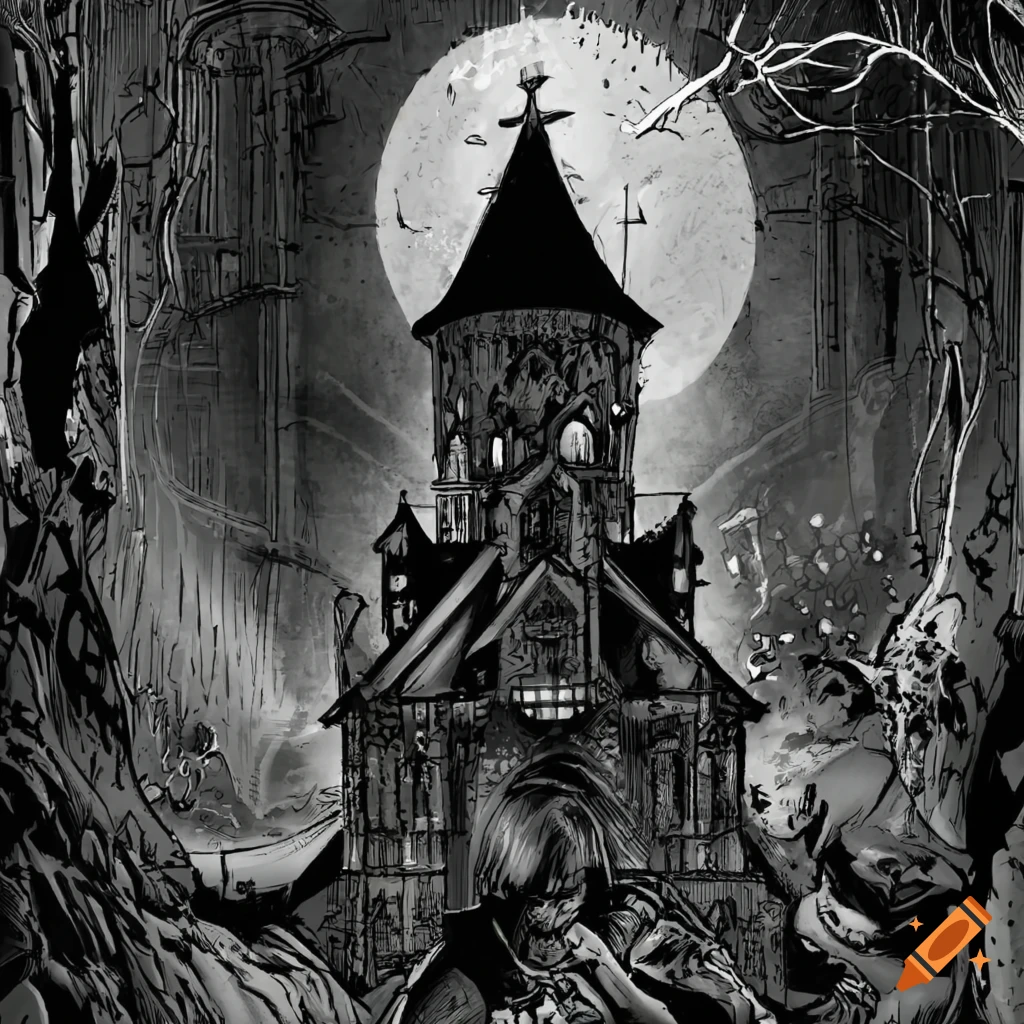 Gothic manor comic cover in black and white on Craiyon