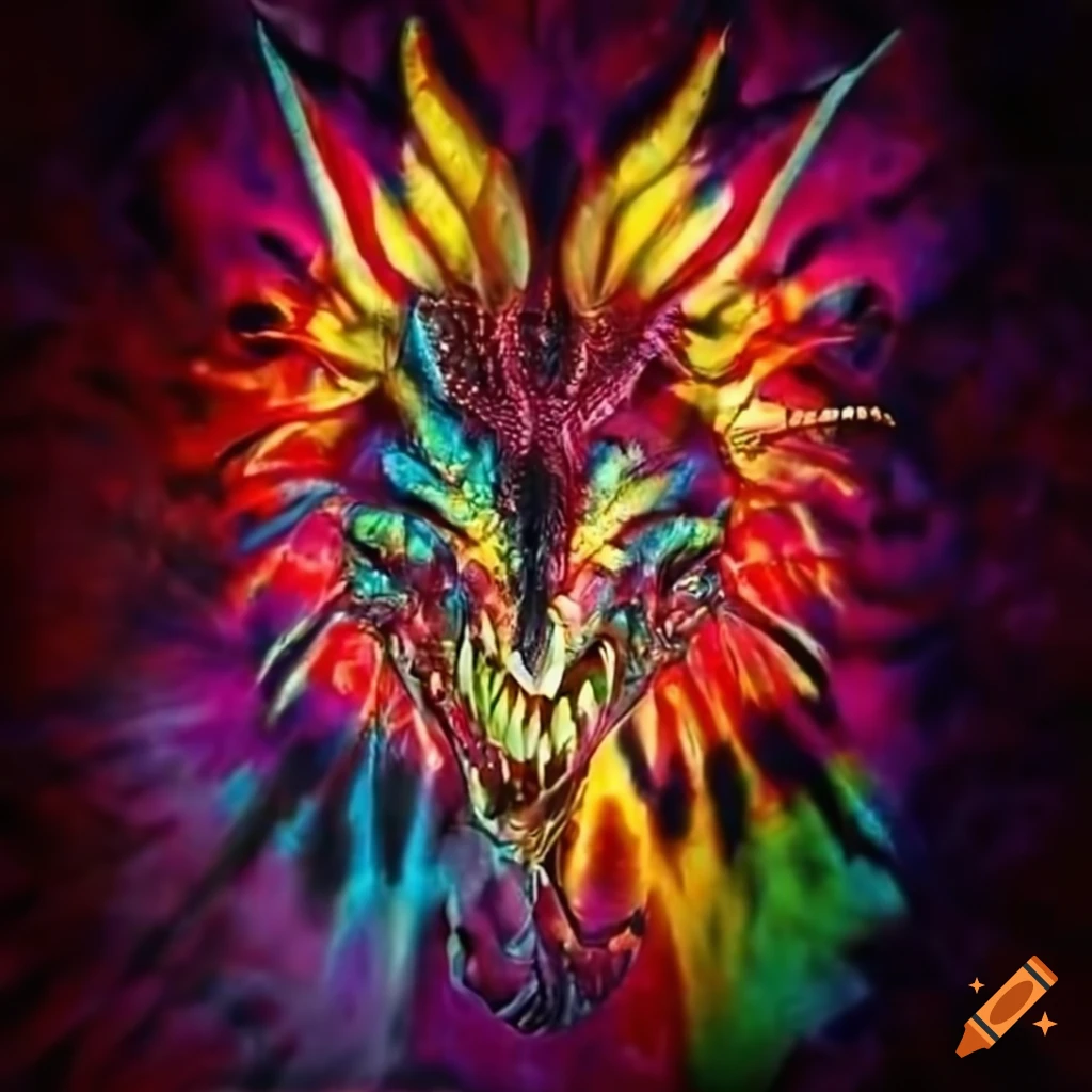 Colorful dragon with sharp teeth in tie dye style on Craiyon