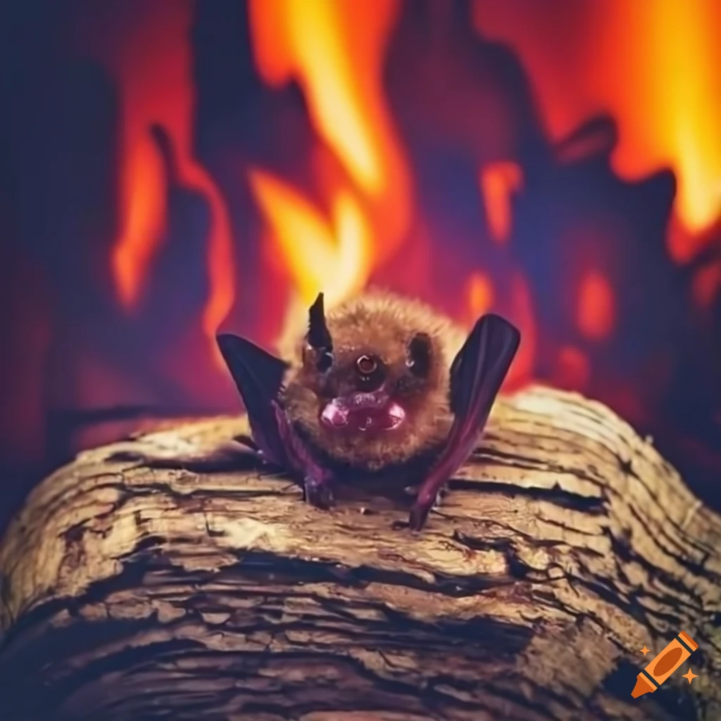 Sad bat sitting on a wood log with fire in the background on Craiyon