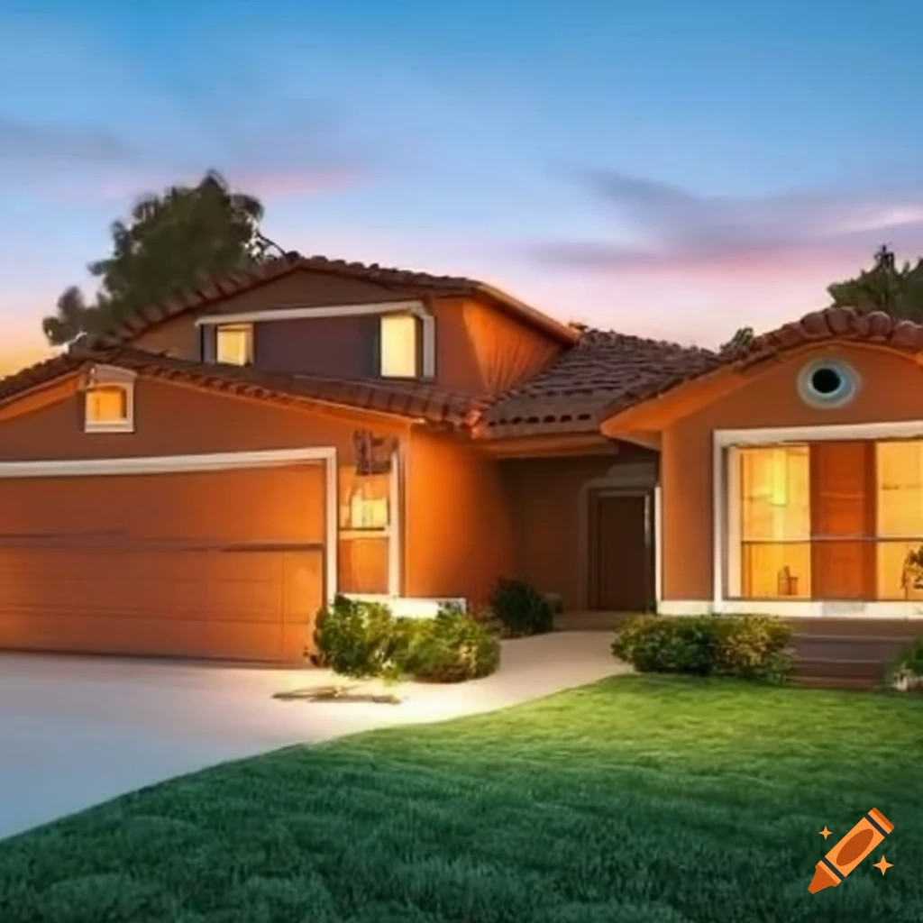 One-story house with green surroundings and trees in the inland empire ...