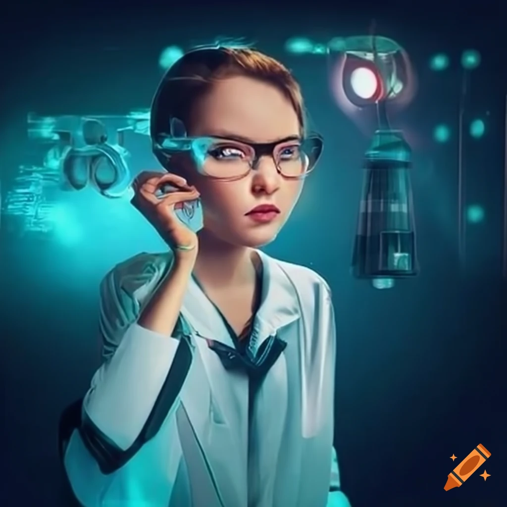 Futuristic young female scientist finding a time capsule treasure chest ...